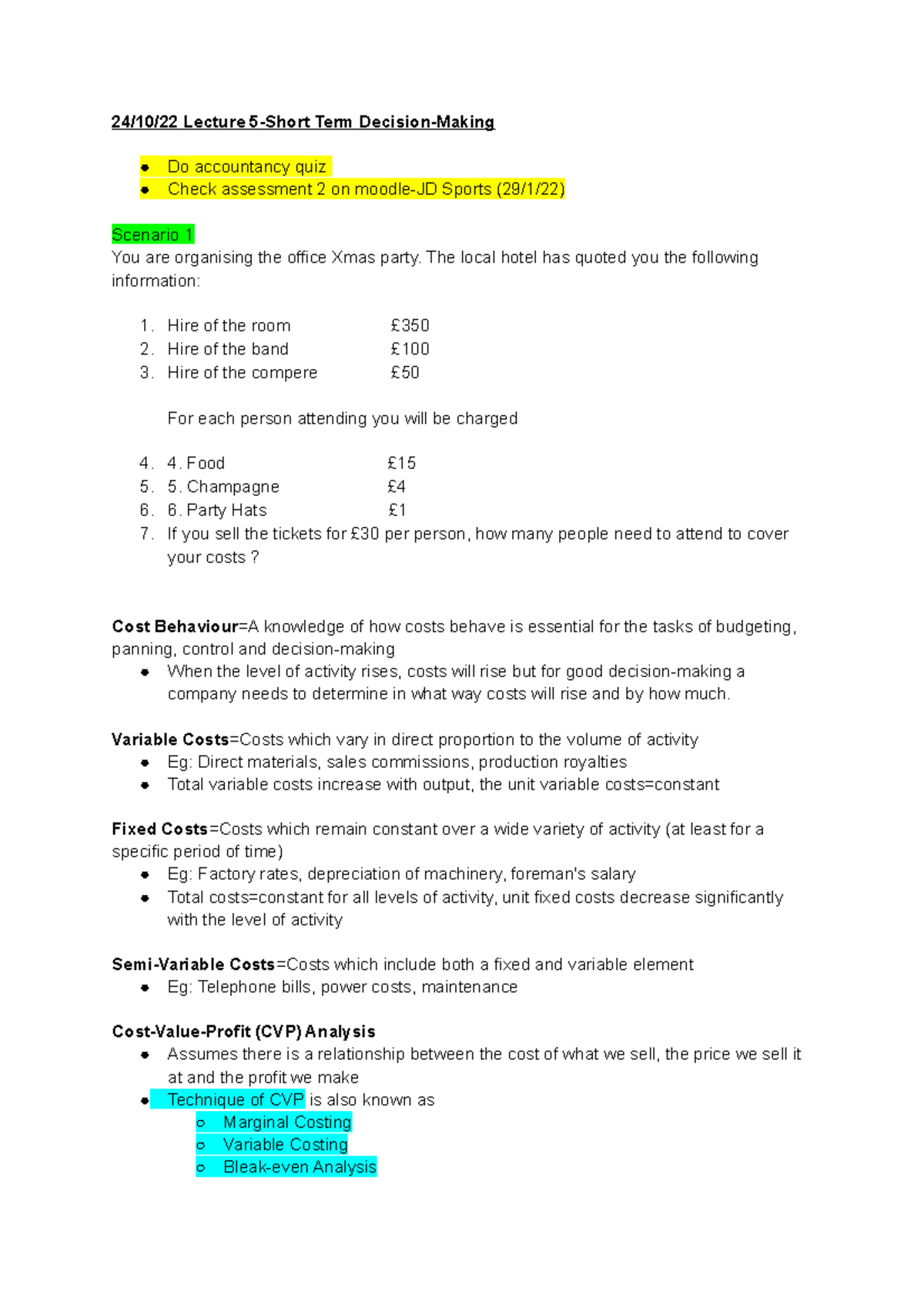 24 10 22 Lecture 5-Short Term Decision-Making - 24/10/22 Lecture 5 ...