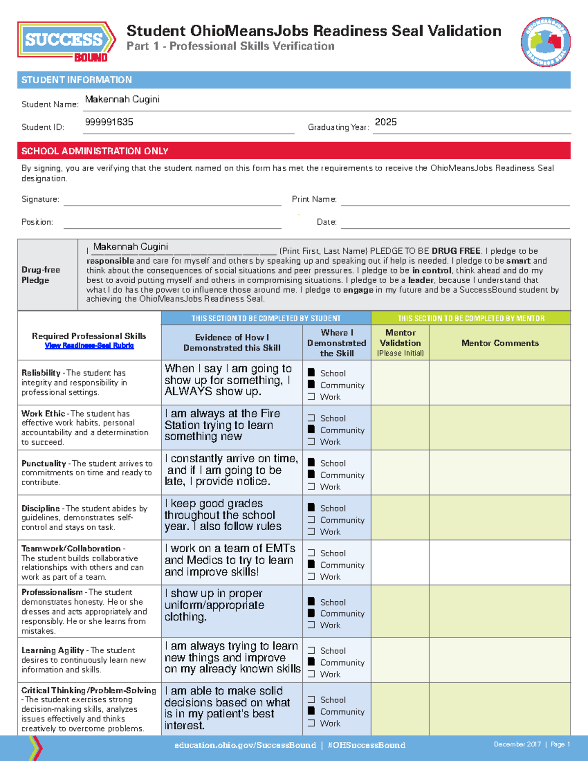 OMJ Readiness Seal Validation Form - Student OhioMeansJobs Readiness ...