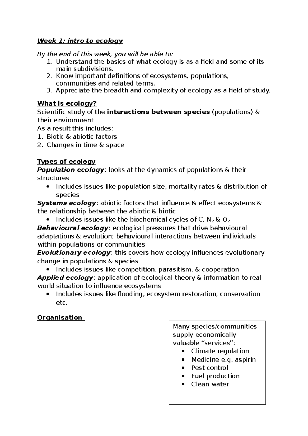 Week 1 intro to ecology - Week 1: intro to ecology By the end of this ...