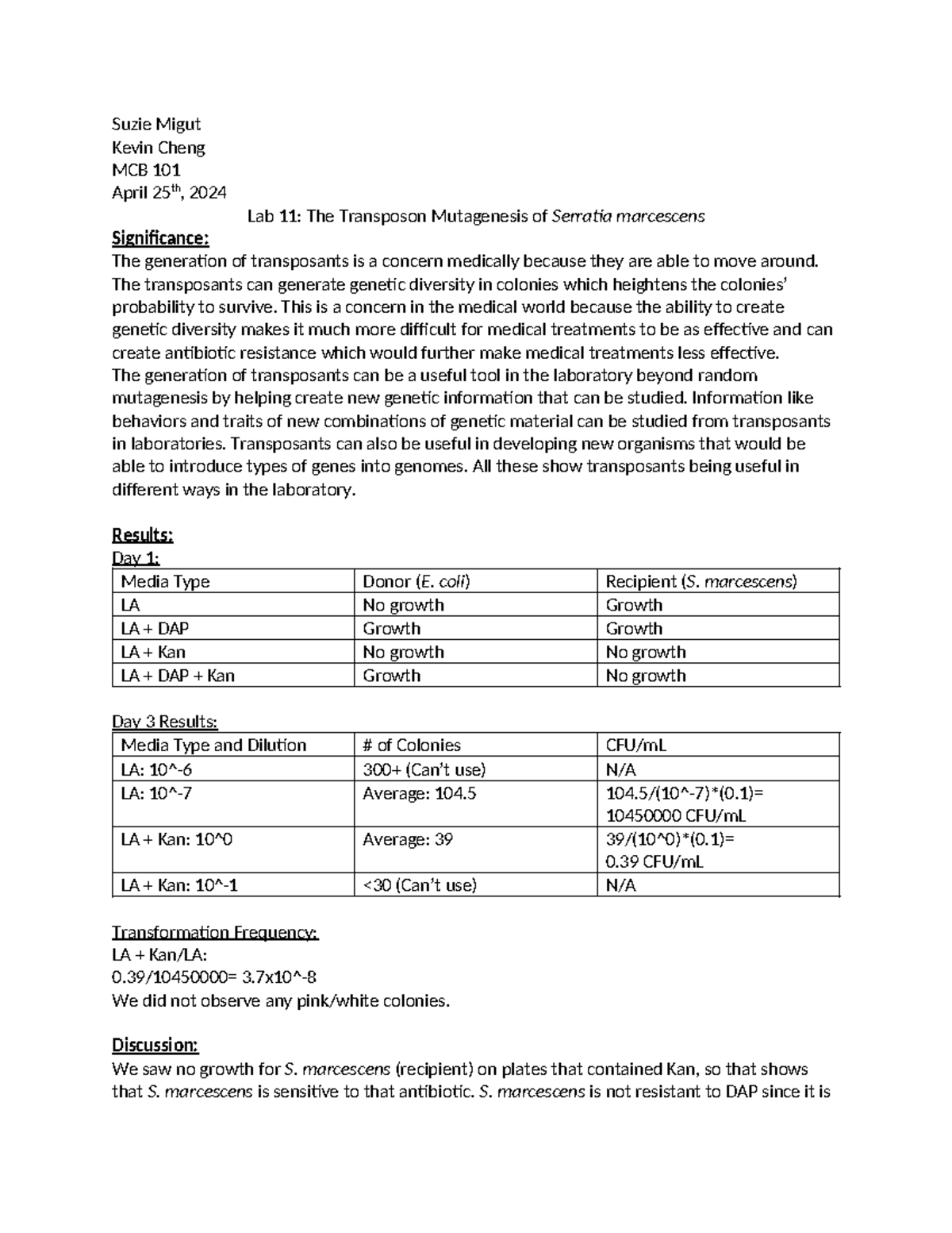 Lab 11 Report MCB 101 - Suzie Migut Kevin Cheng MCB 101 April 25th ...