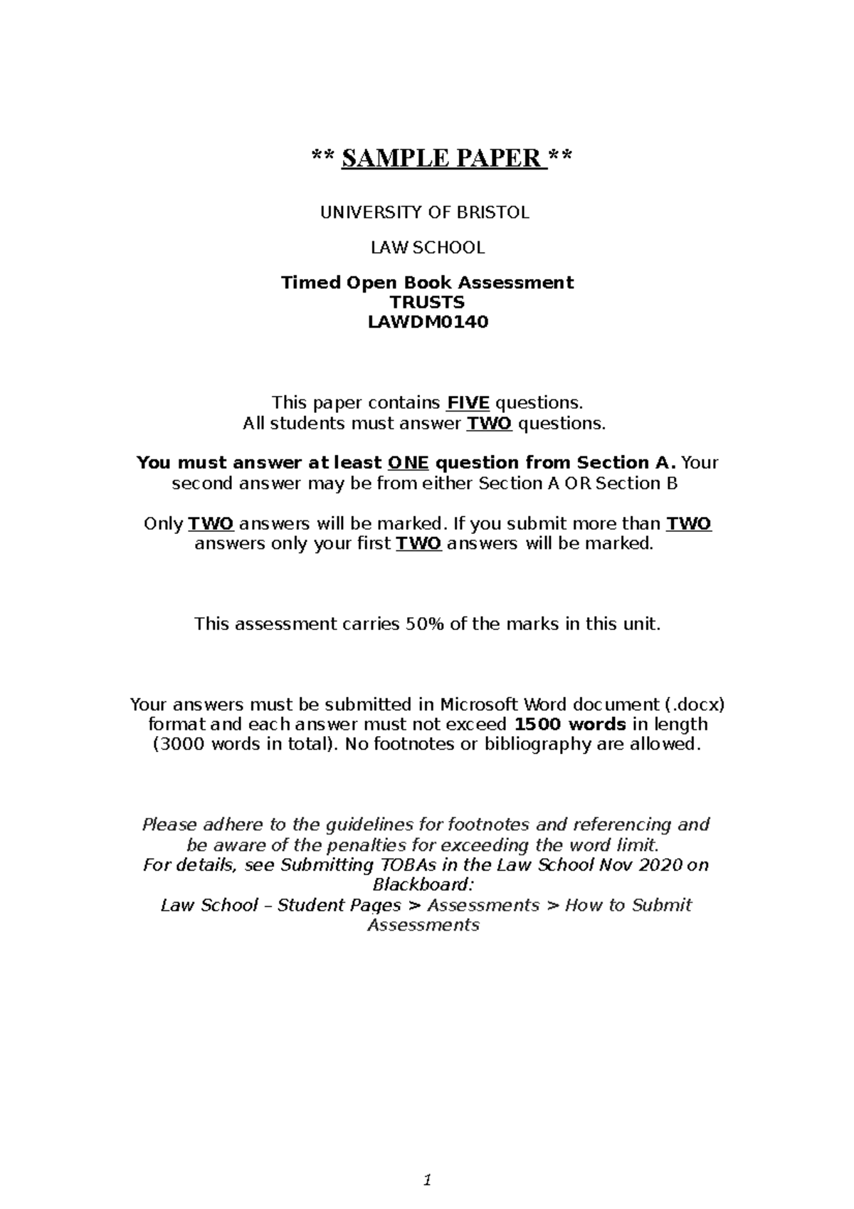 MA Trusts Sample Paper 20-21(1) - ** SAMPLE PAPER ** UNIVERSITY OF ...