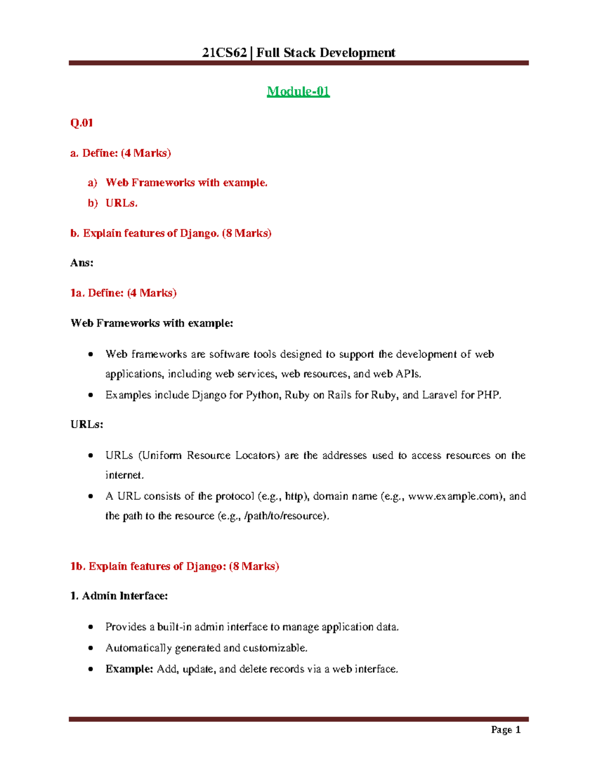 21CS62(FSD) Model Question Paper Solved - Module- 01 Q. a. Define: (4 Marks) a) Web Frameworks ...