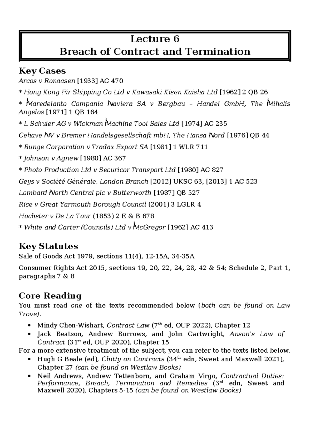 Lecture 6 - Breach of Contract and Termination - Lecture 6 Breach of Contract and Termination ...