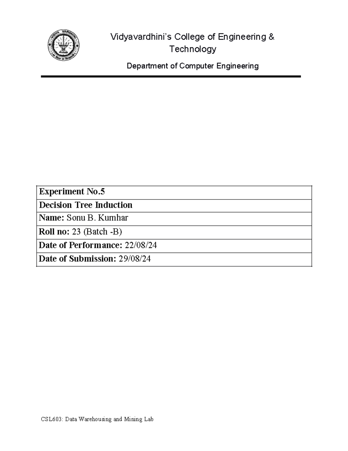 DWM 05 - Practical about Decision tree - Technology Department of Computer Engineering ...