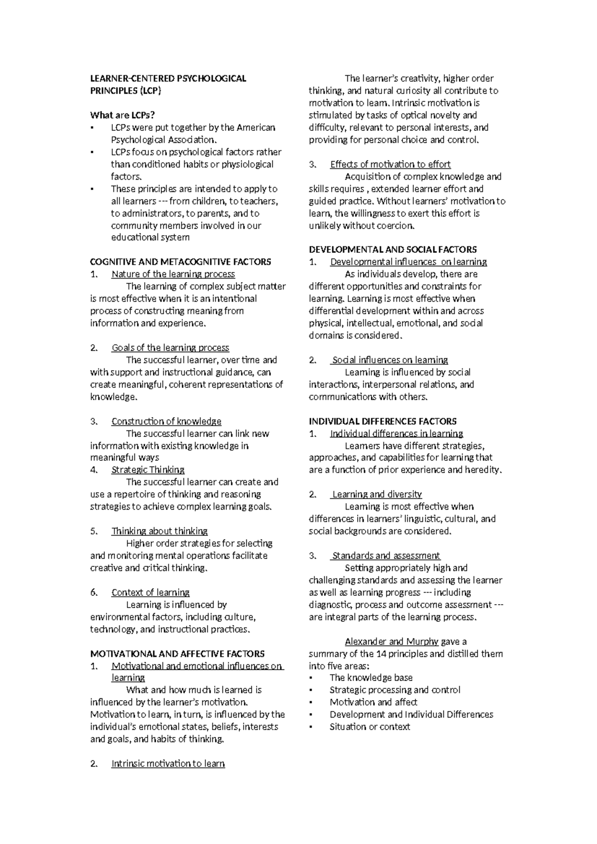 EDUC 101 Reviewer - LEARNER-CENTERED PSYCHOLOGICAL PRINCIPLES (LCP ...