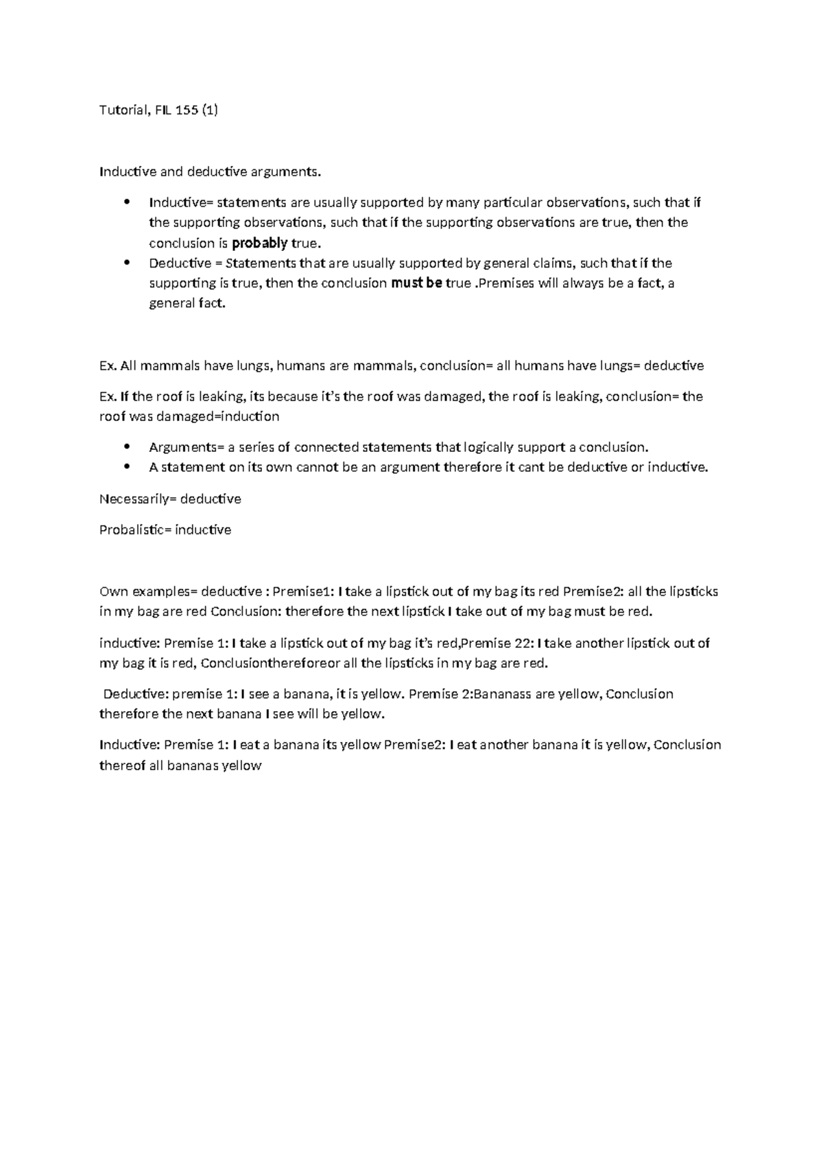 FIL 155 tutorial - notes - Tutorial, FIL 155 (1) Inductive and ...