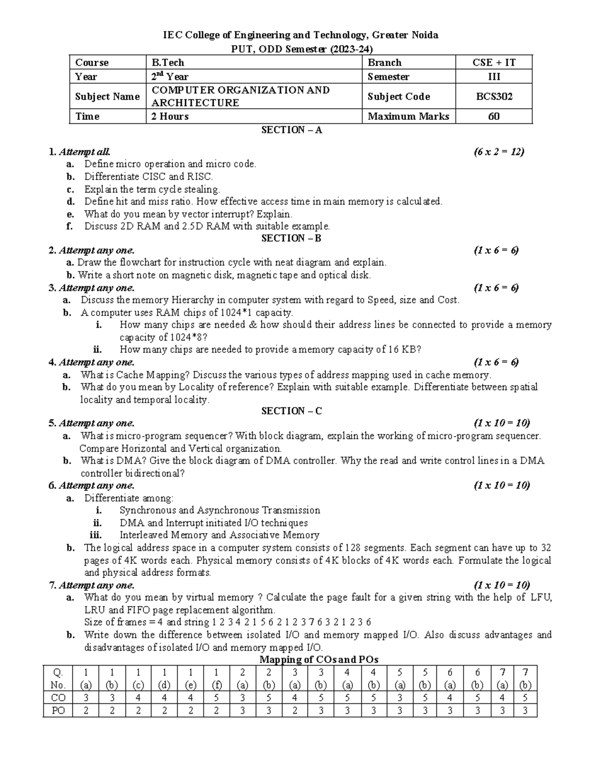 PUT BCS302 COA (Question Paper) - IEC College of Engineering and Technology, Greater Noida PUT ...