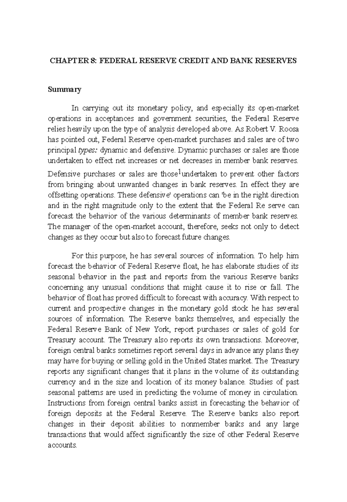 CHAPTER 8 FEDERAL RESERVE CREDIT AND BANK RESERVES: Summary and Federal ...