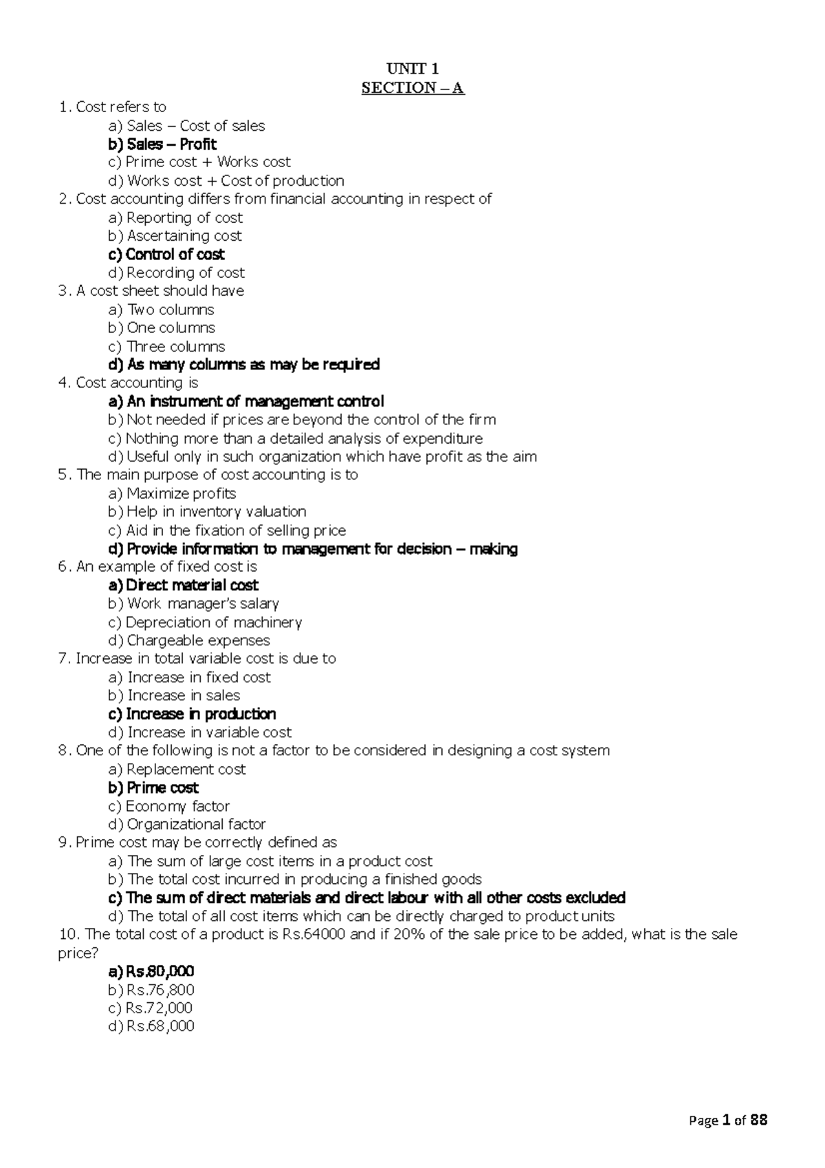 OBE COST QB With Answers Final UNIT 1 SECTION A Cost Refers To