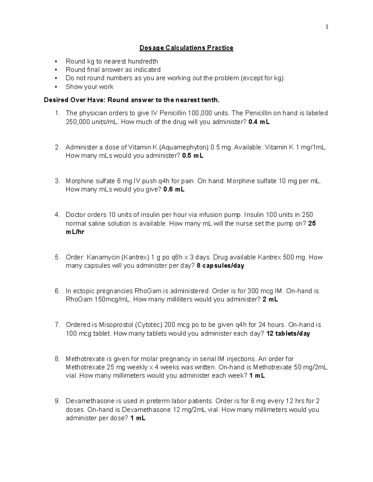 Dosage Calculations Practice Answer Key Dosage Calculations Practice