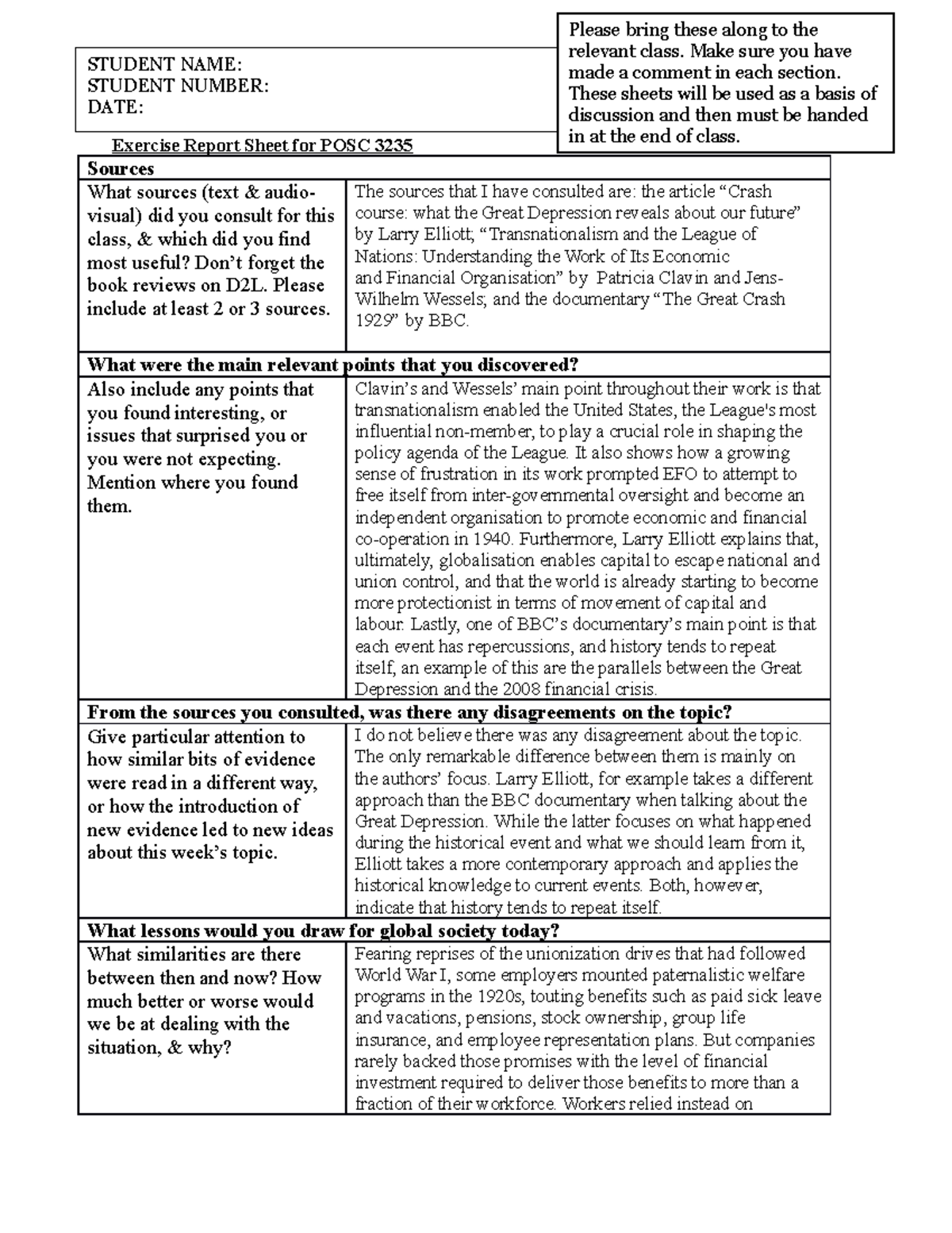 VIII Exercise Report Sheet for POSC 3235 - Exercise Report Sheet for ...
