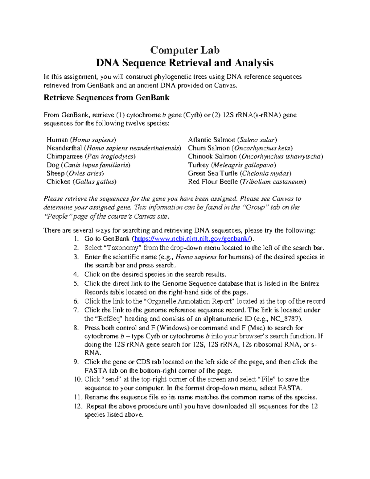 Lab report instructions - Computer Lab DNA Sequence Retrieval and ...