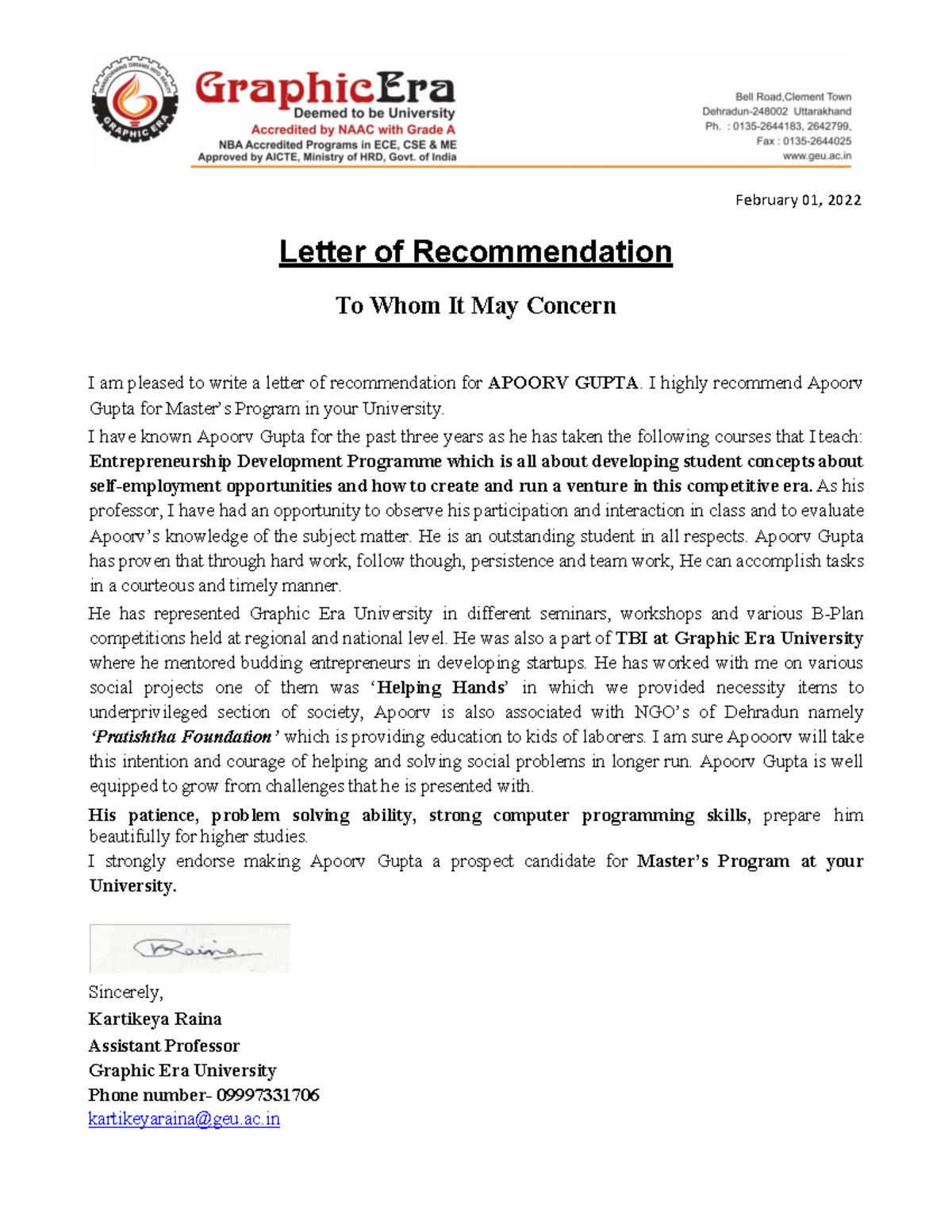 LOR - Letter Of Recomendattion - February 01, 2022 Letter of ...