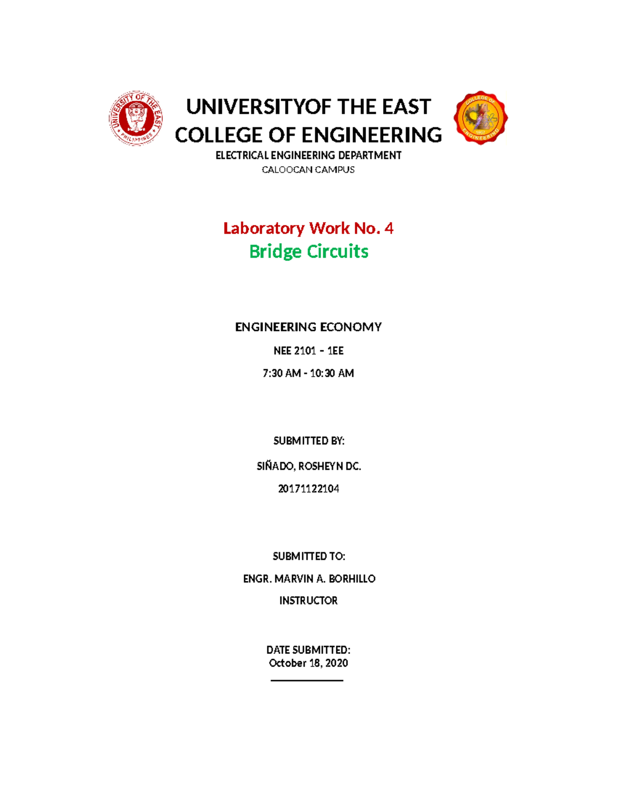 Exp4 - Laboratory Work - UNIVERSITYOF THE EAST COLLEGE OF ENGINEERING ...