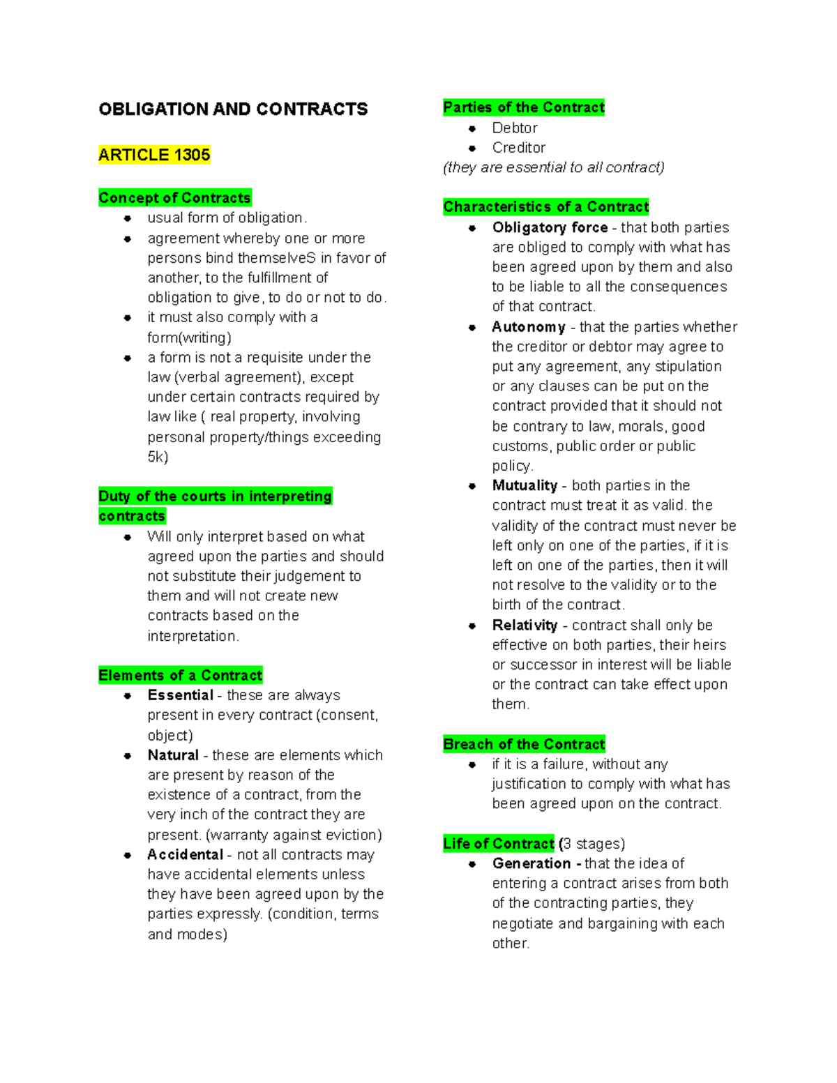 Obligation AND Contracts - OBLIGATION AND CONTRACTS ARTICLE 1305 ...