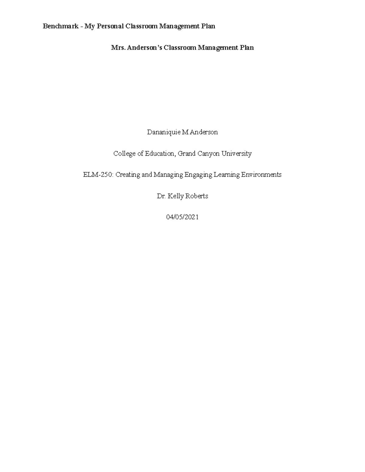 Benchmark - My Personal Classroom Management Plan - Mrs. Anderson’s ...