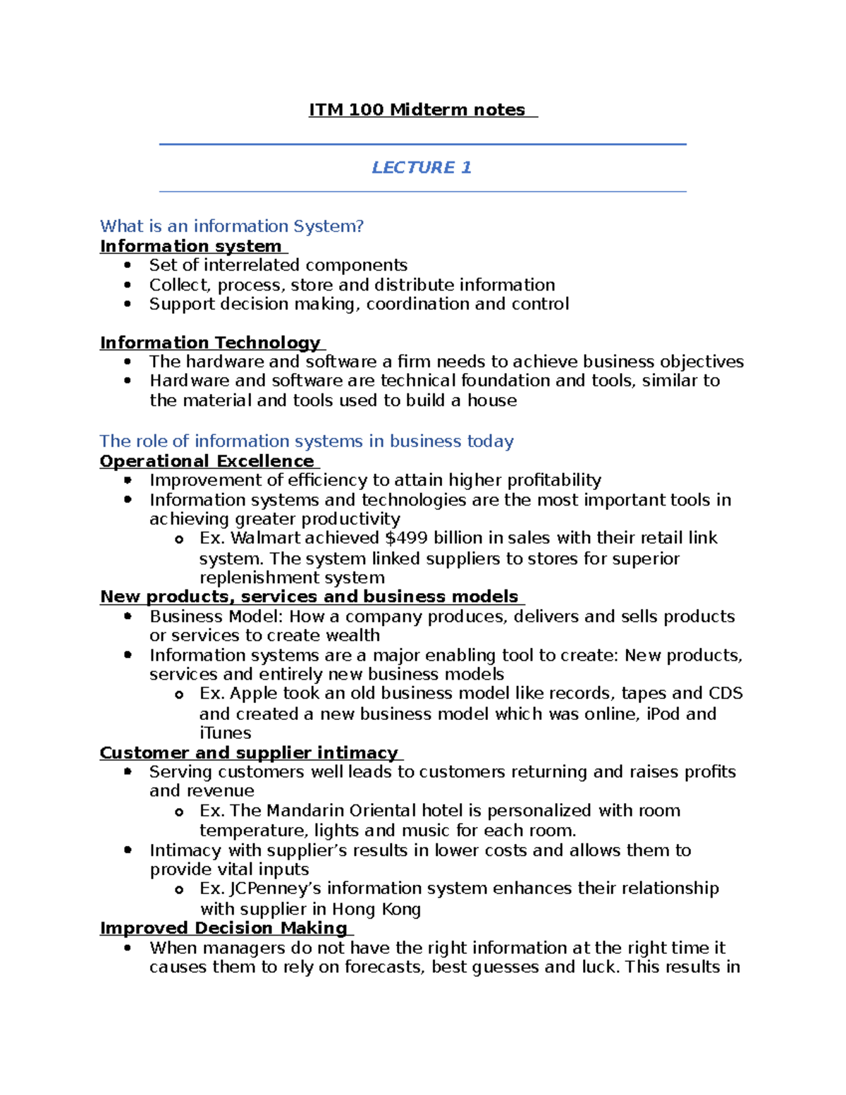 ITM 100 Midterm notes - ITM 100 Midterm notes LECTURE 1 What is an ...