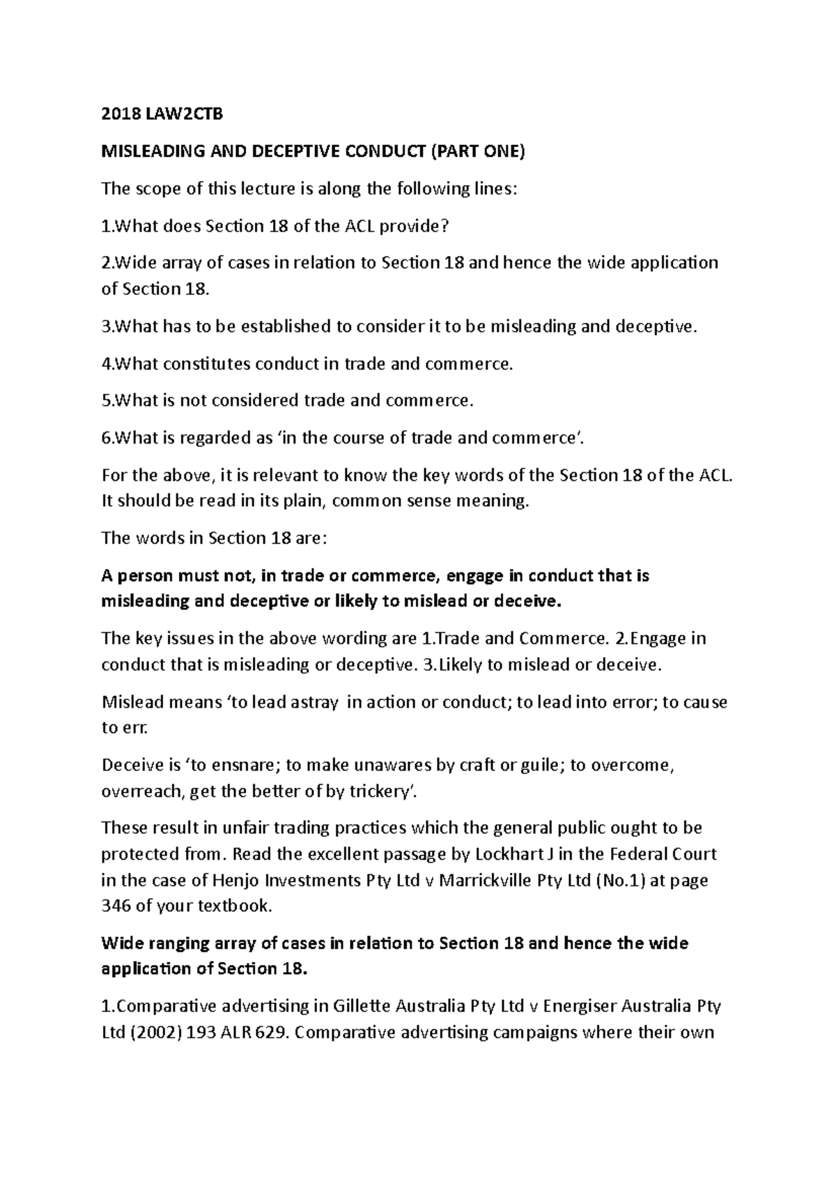 Misleading AND Deceptive Conduct (PART ONE) - 2018 LAW2CTB MISLEADING ...