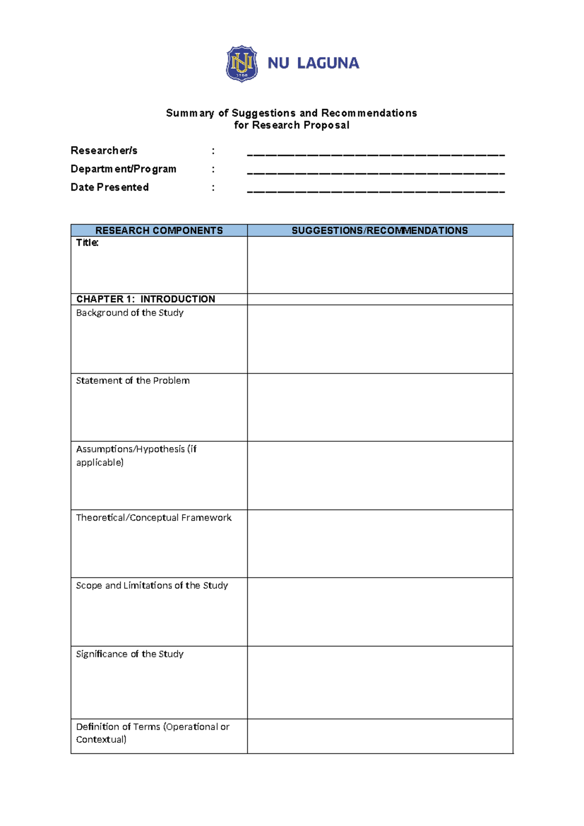 06 Summary of Suggestions and Recommendations for Research Proposal ...
