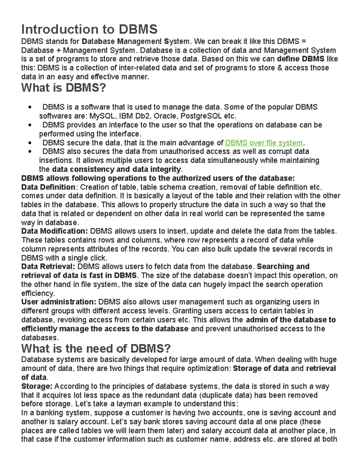 Introduction To Dbms Database Management System Introduction To