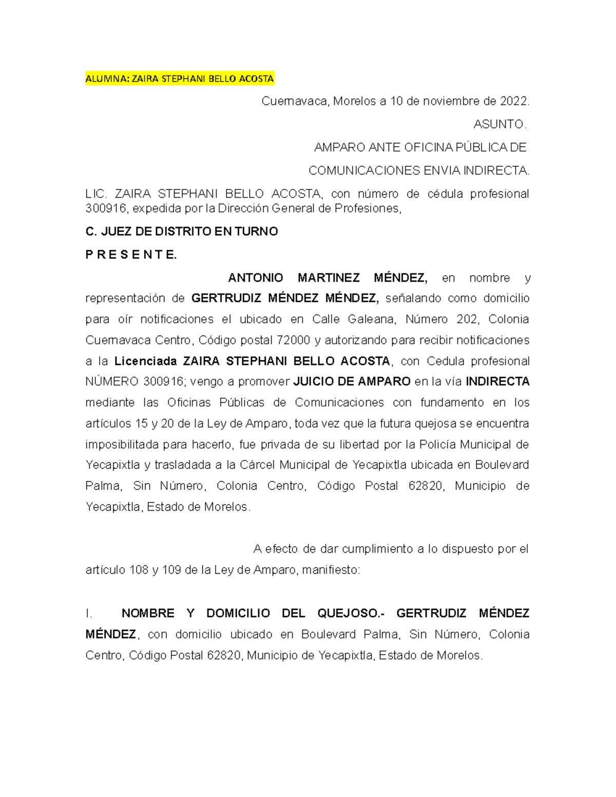 Amparo telegrafico - ALUMNA: ZAIRA STEPHANI BELLO ACOSTA Cuernavaca ...