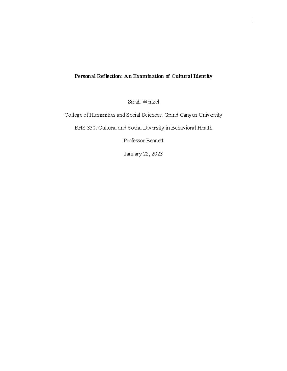 Cultural Reflection Paper - Personal Reflection: An Examination of ...