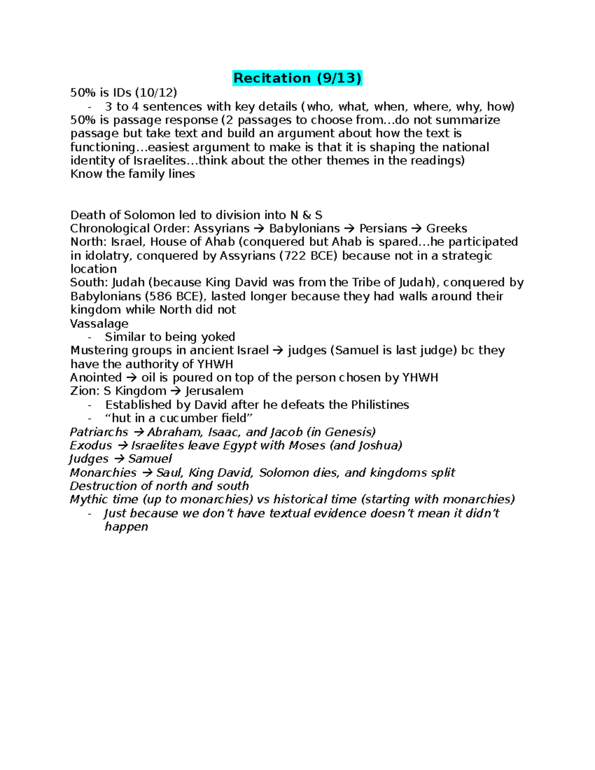 RELI Recitation - Lecture notes 1-22 - 50% is IDs (10/12) 3 to 4 ...