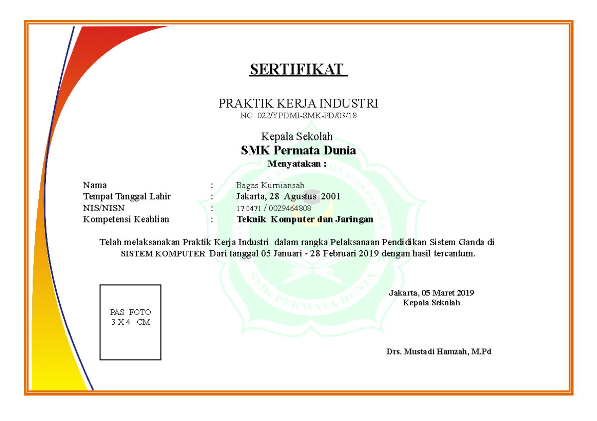 Pdfcoffee - BUDI - SERTIFIKAT PRAKTIK KERJA INDUSTRI NO. 022/YPDMI-SMK-PD/03/ Kepala Sekolah SMK ...