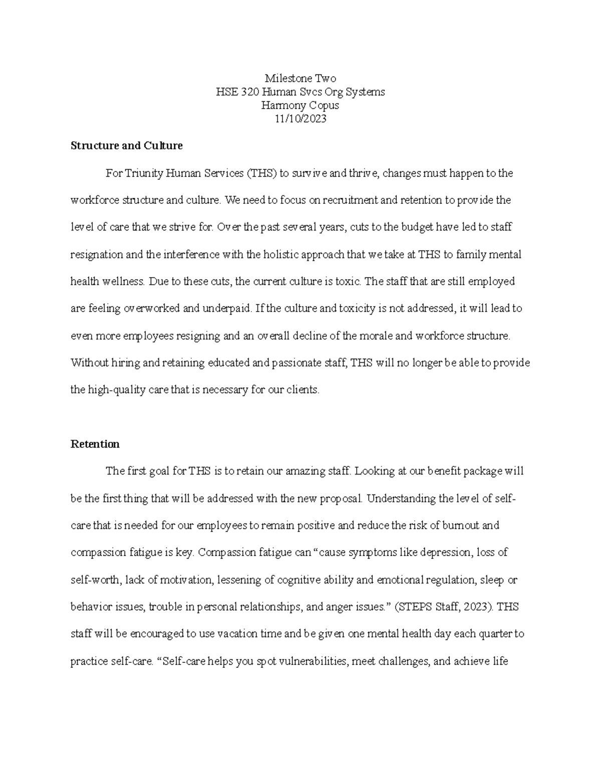 Milestone Two - Milestone Two HSE 320 Human Svcs Org Systems Harmony ...