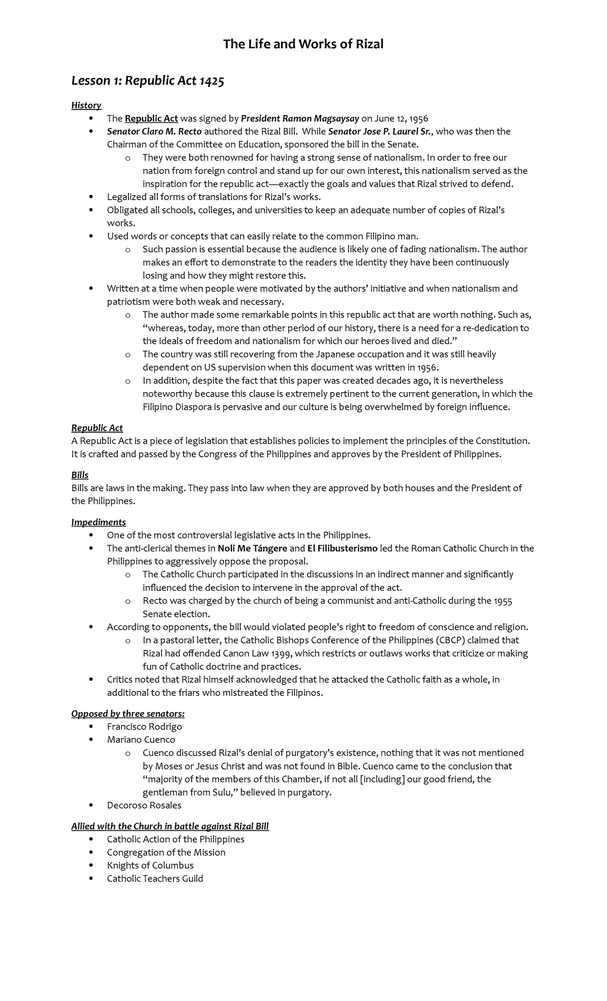 Lesson 1 Republic Act 1425 - The Life and Works of Rizal Lesson 1 ...
