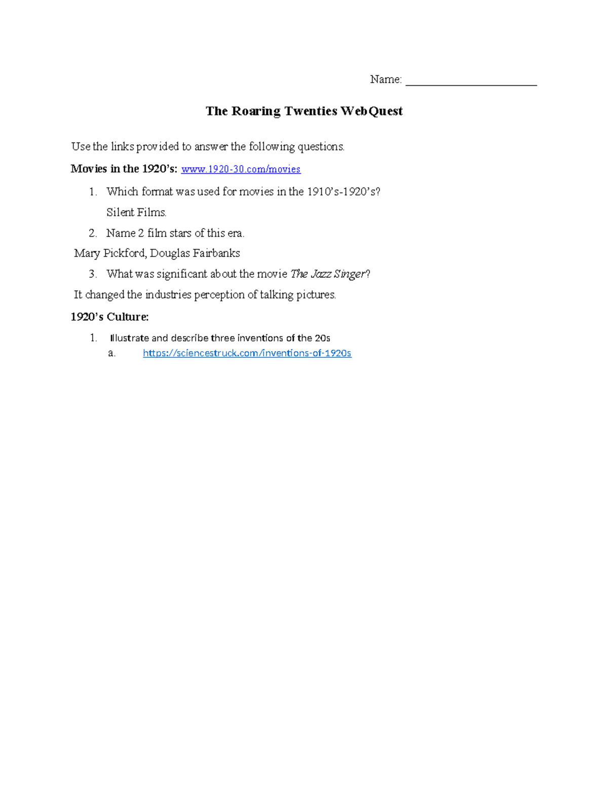 1920s Webquest 2022 - Name: ______________________ The Roaring Twenties ...