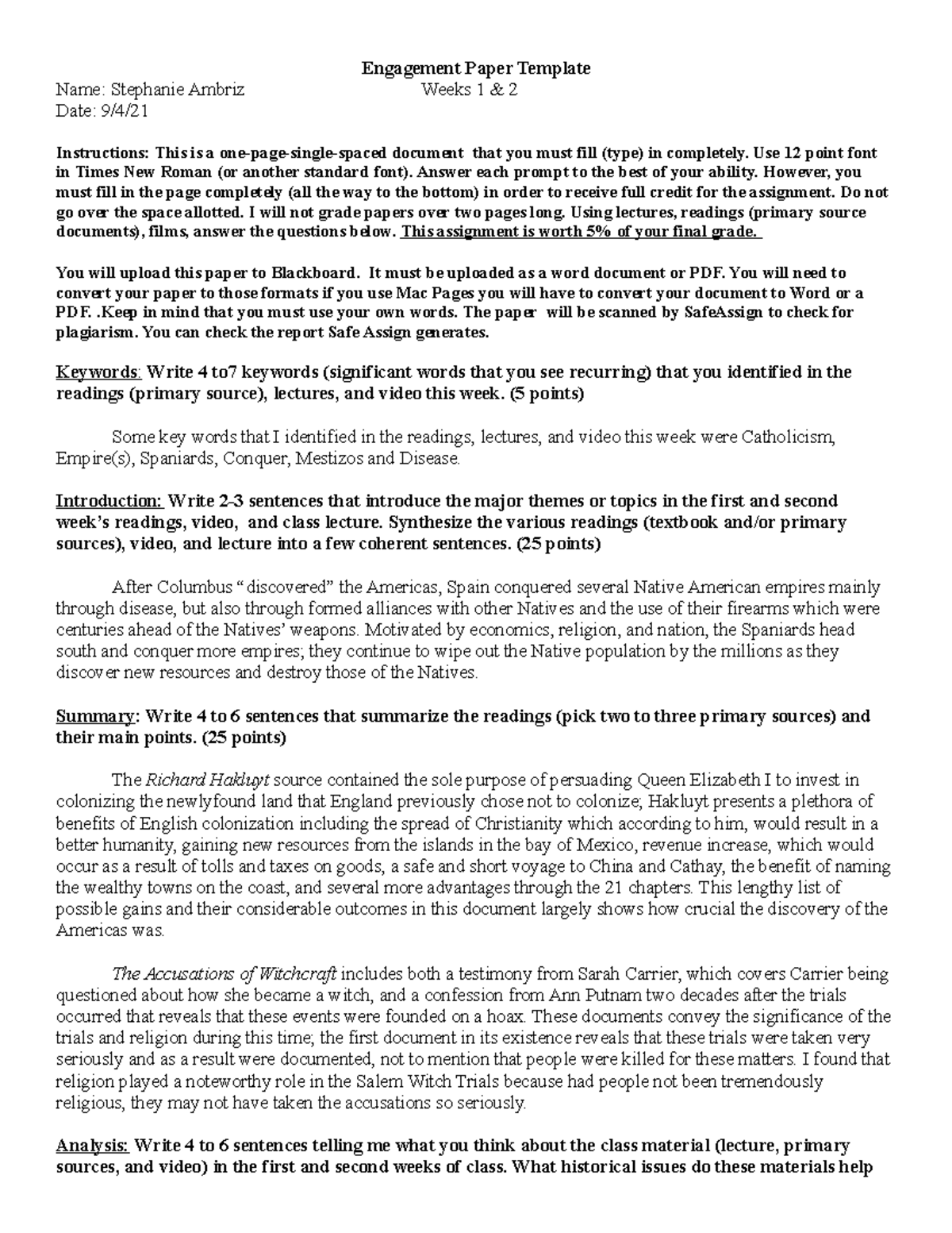 Engagement Paper 1 Use 12 Point Font In Times New Roman or Another