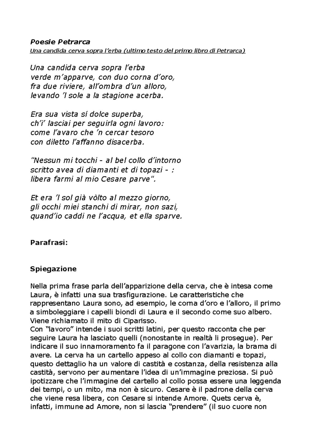 Venerdì 7 ottobre Petrarca - Poesie Petrarca Una candida cerva sopra l ...