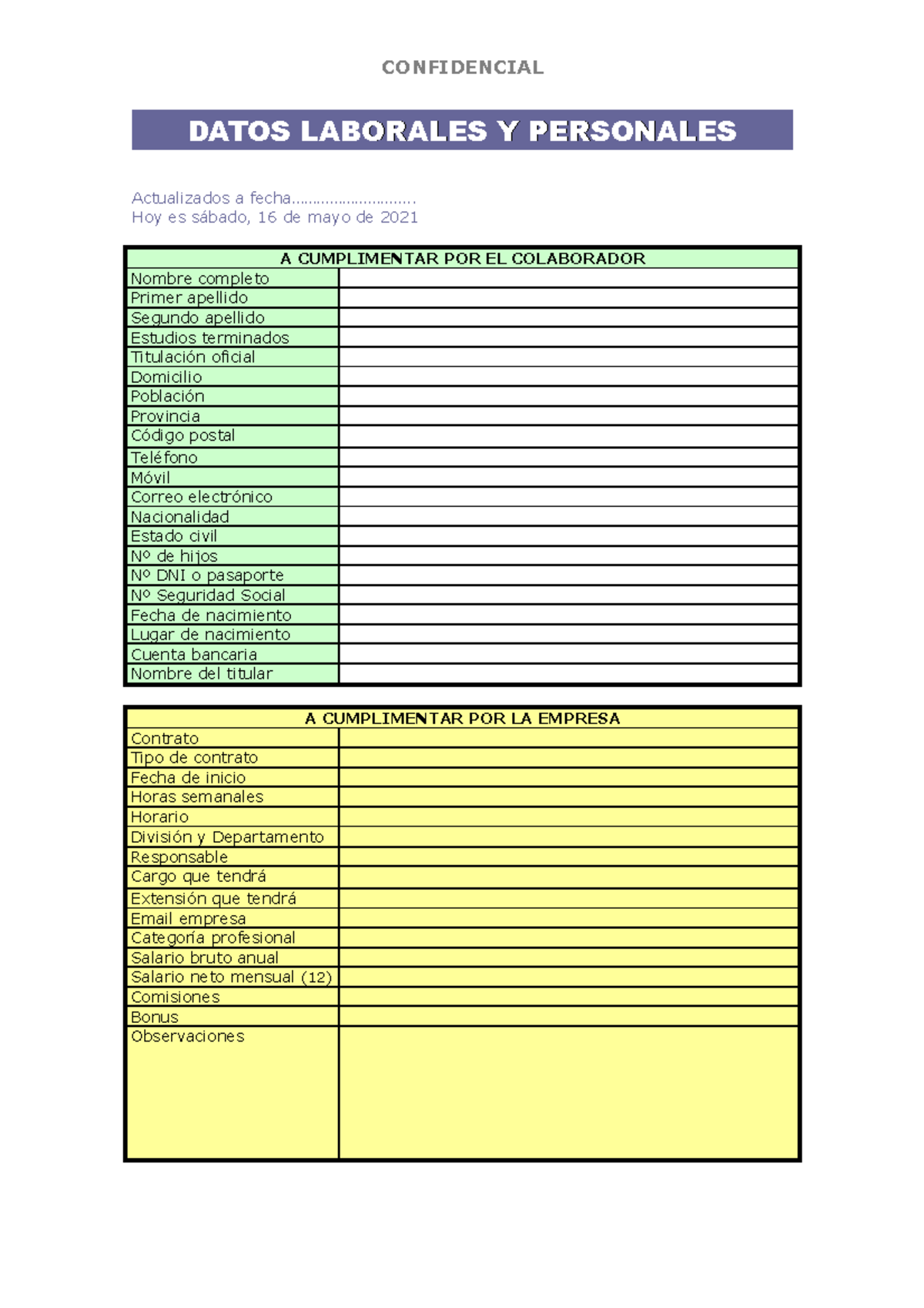 Ficha de datos personales del trabajador - CONFIDENCIAL DATOS LABORALES ...