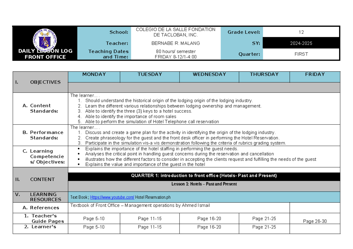 Daily lesson log - front office - DAILY LESSON LOG FRONT OFFICE School ...