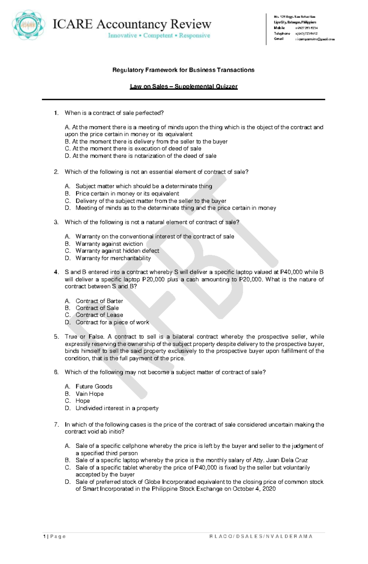 RFBT03-11 - Law on Sales - Supplemental Quizzer - Lipa City, Batangas ...