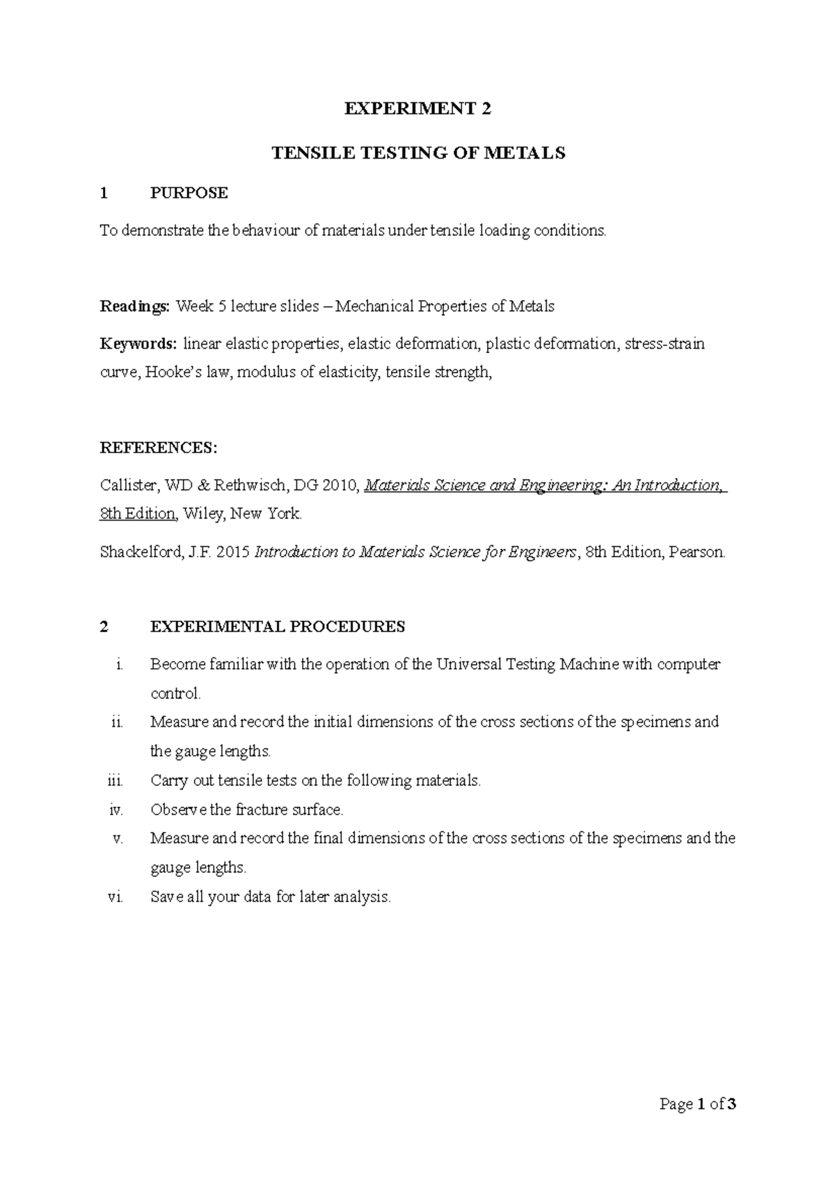 Lab 2 Tensile Testing of Metals - EXPERIMENT 2 TENSILE TESTING OF ...