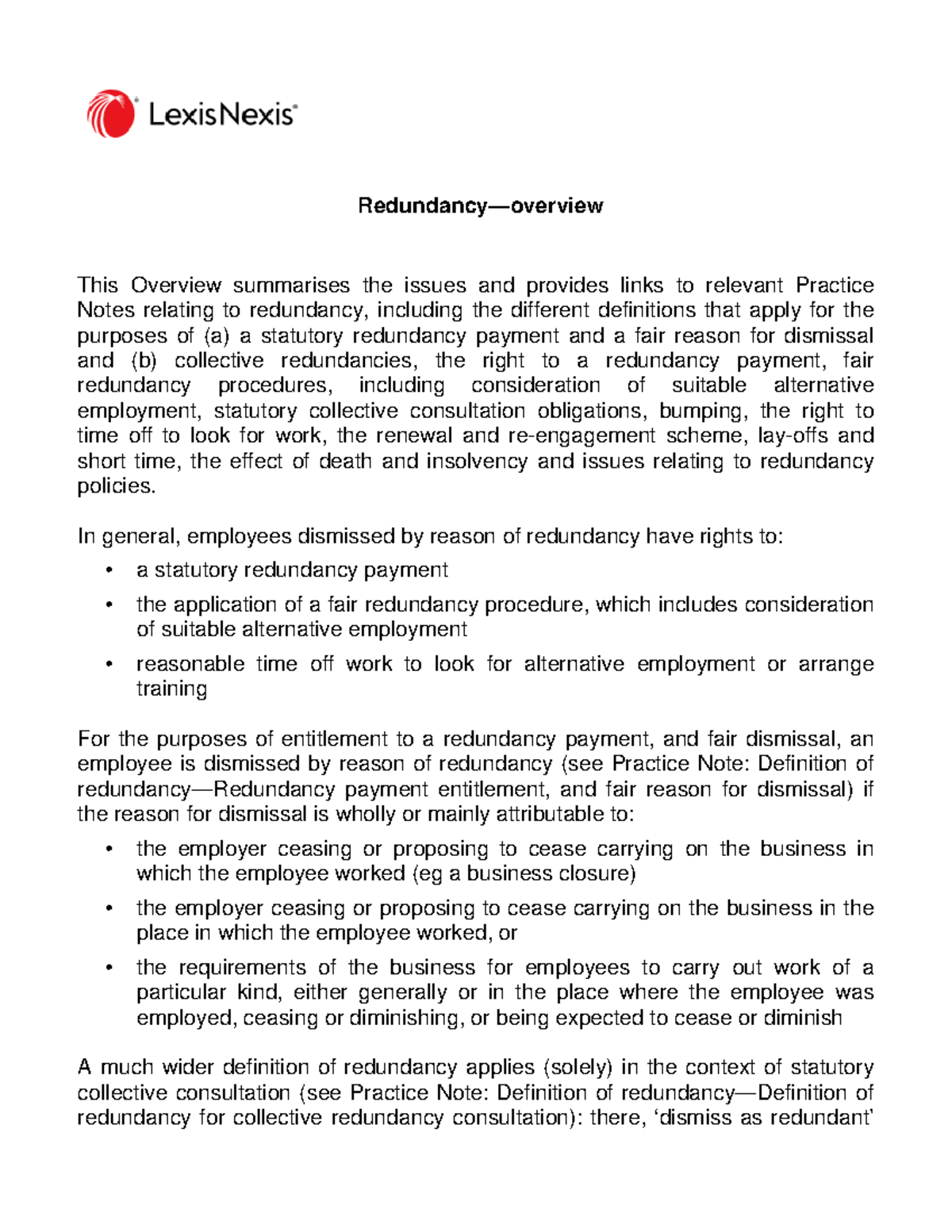 Redundancy—overview - This Overview summarises the issues and provides ...