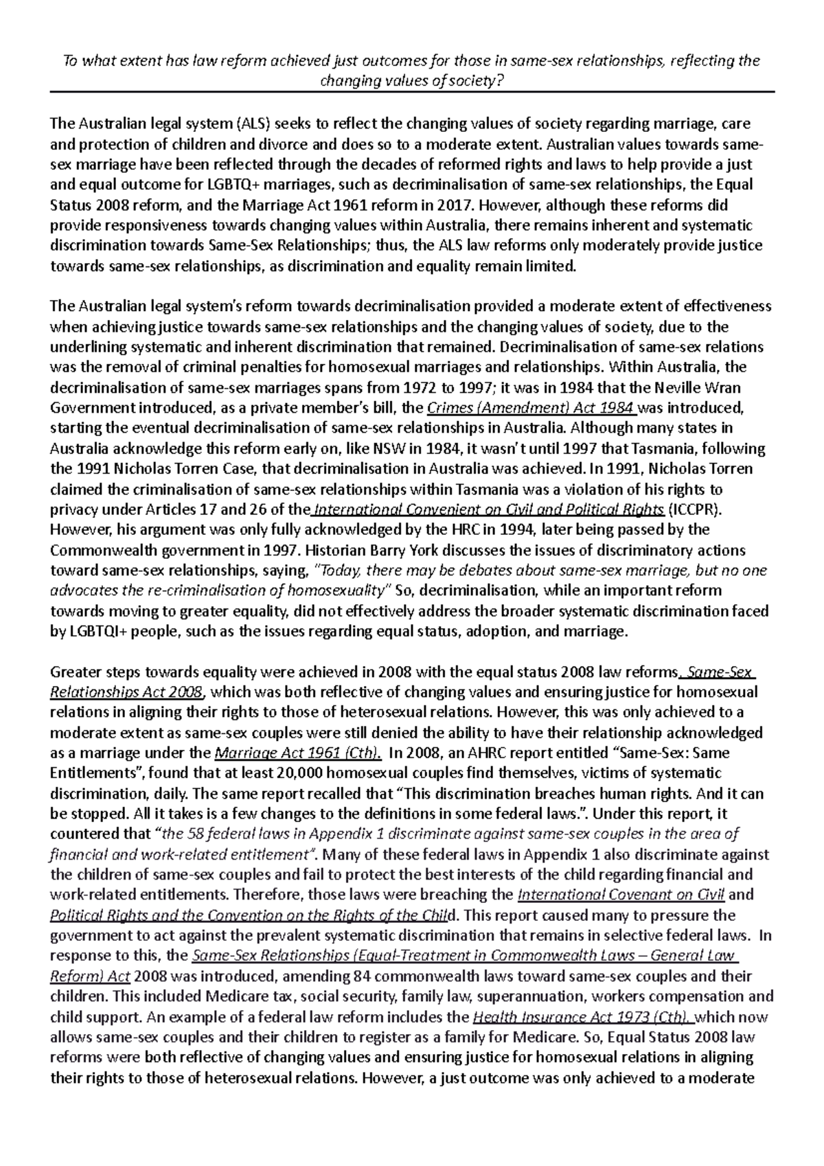 Same-Sex Paras - n/a - To what extent has law reform achieved just ...