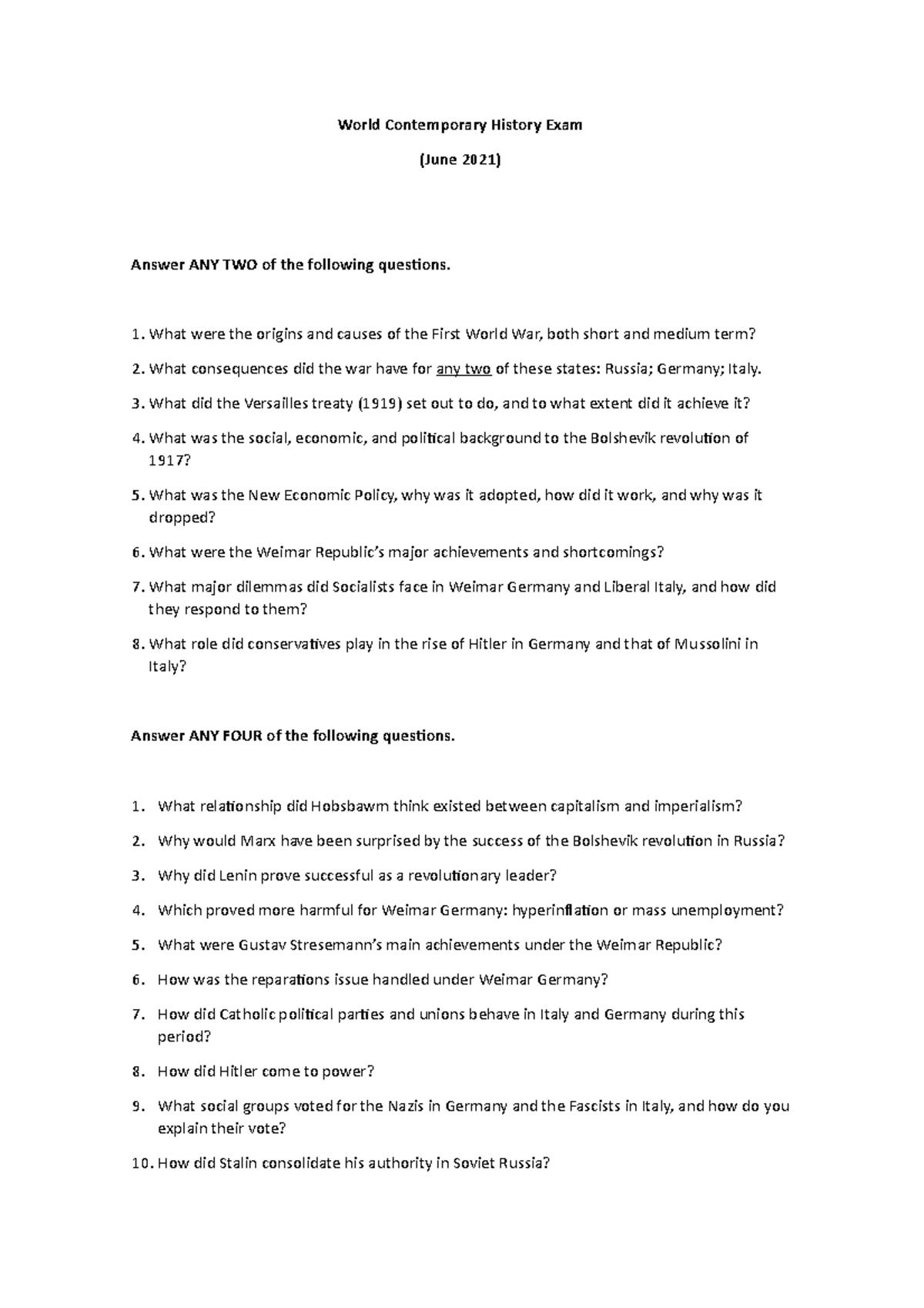 World Contemporary History Exam of June 2021 - World Contemporary ...