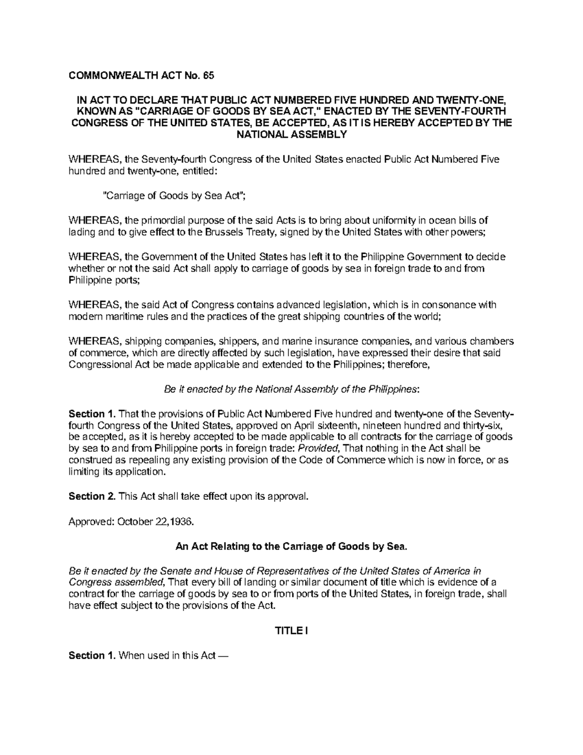 Cogsa full text law - COMMONWEALTH ACT No. 65 IN ACT TO DECLARE THAT ...