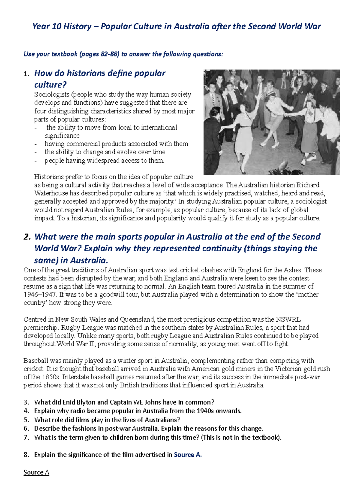 Year 10 History - Notes - Year 10 History – Popular Culture in ...