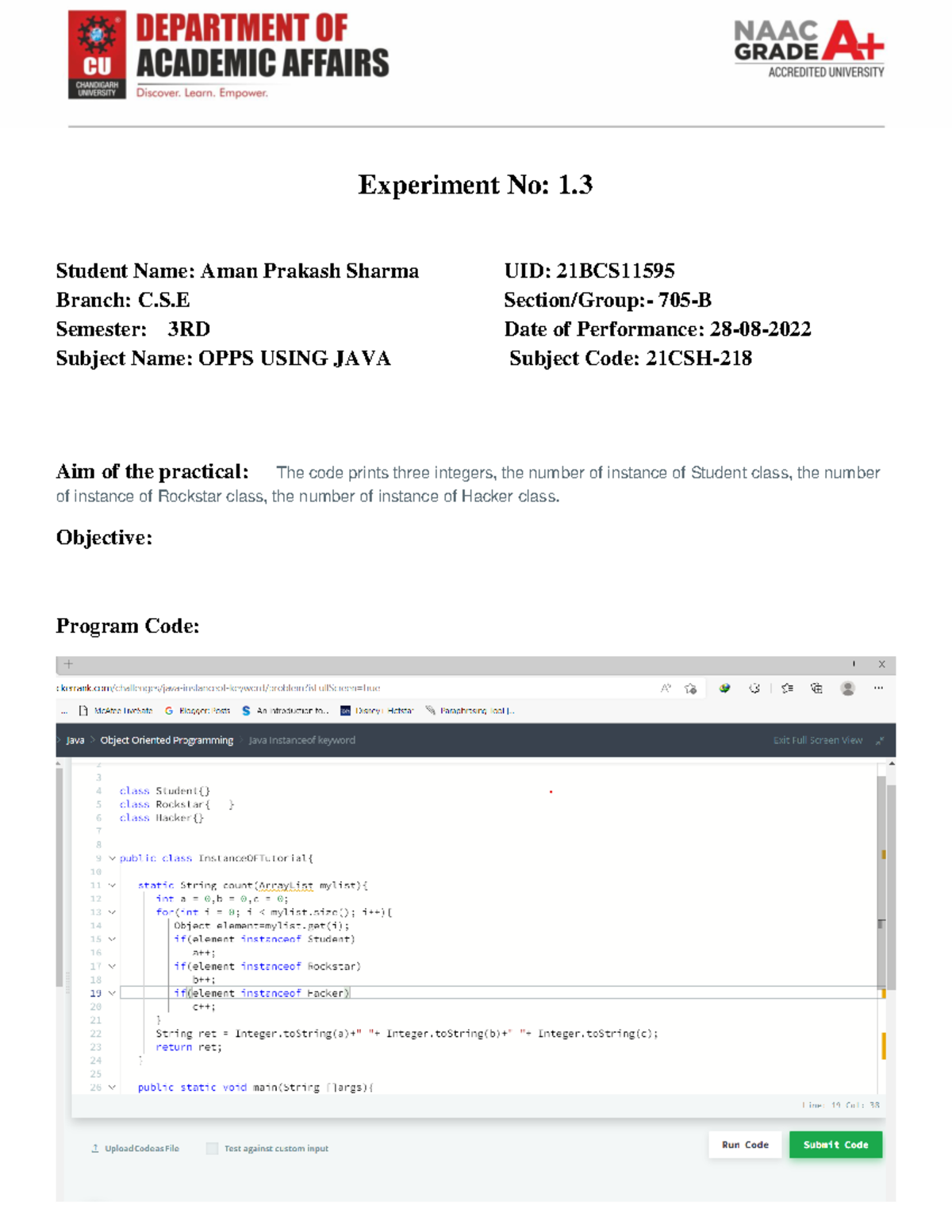 21BCS11595 Aman Prakash 1 - Experiment No: 1. Student Name: Aman ...