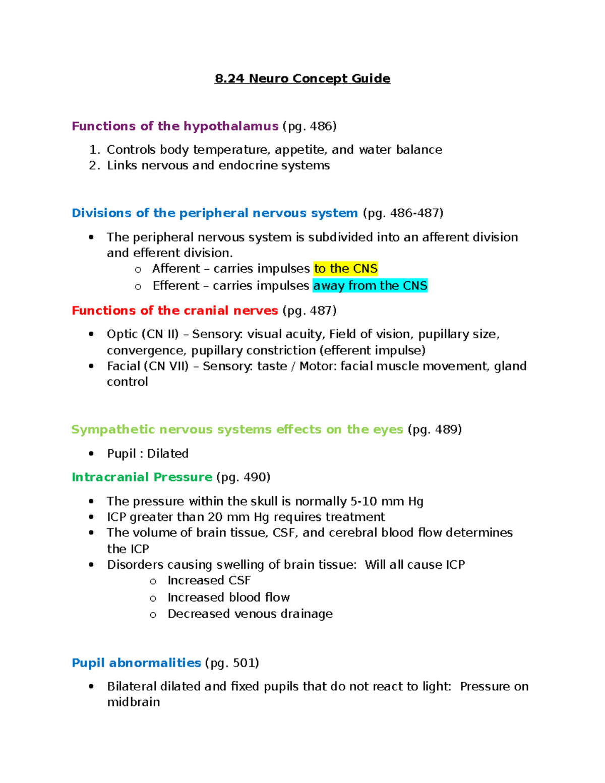 MS2 Exam 3 study guide - 8 Neuro Concept Guide Functions of the ...