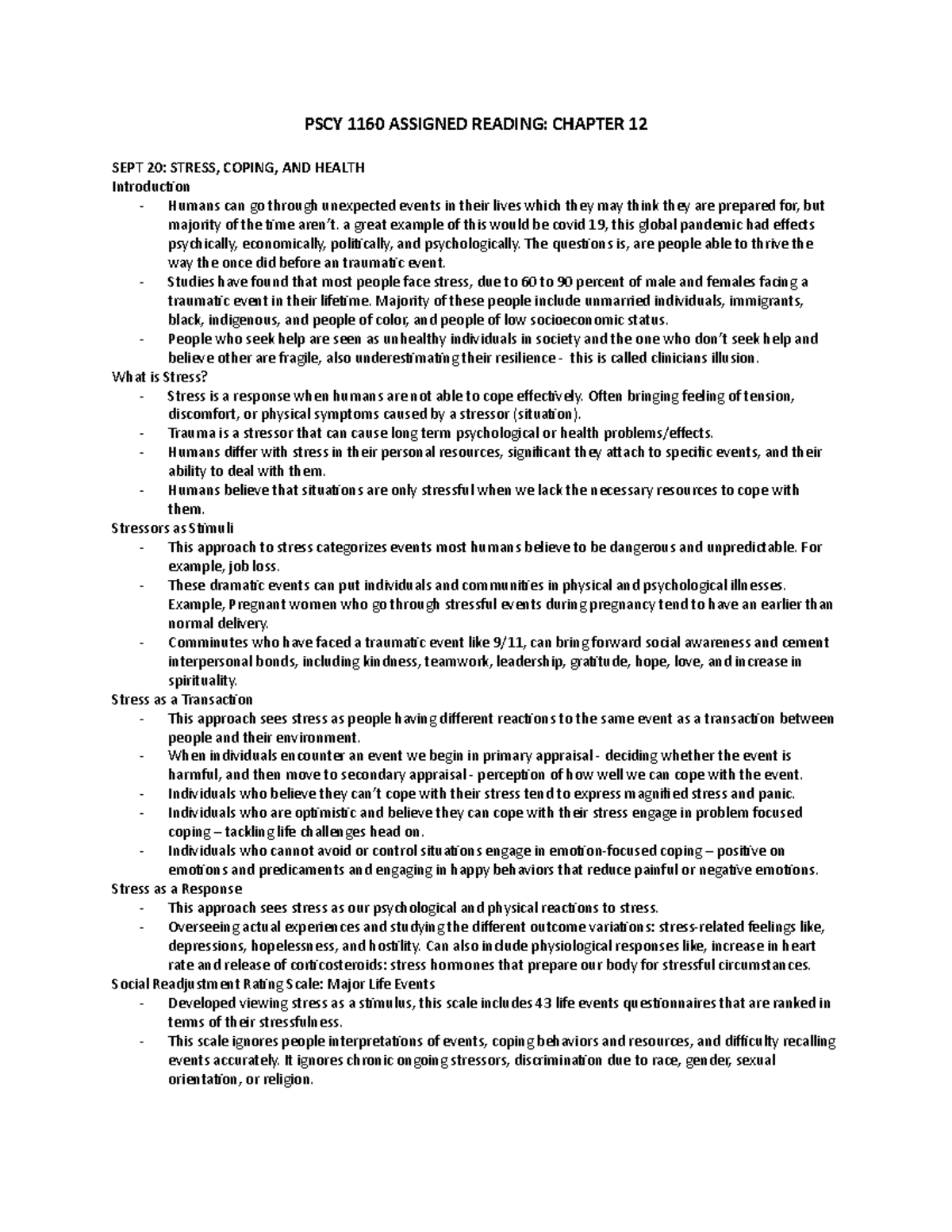 PSCY 1160 Assigned Reading - PSCY 1160 ASSIGNED READING: CHAPTER 12 SEPT 20: STRESS, COPING, AND ...