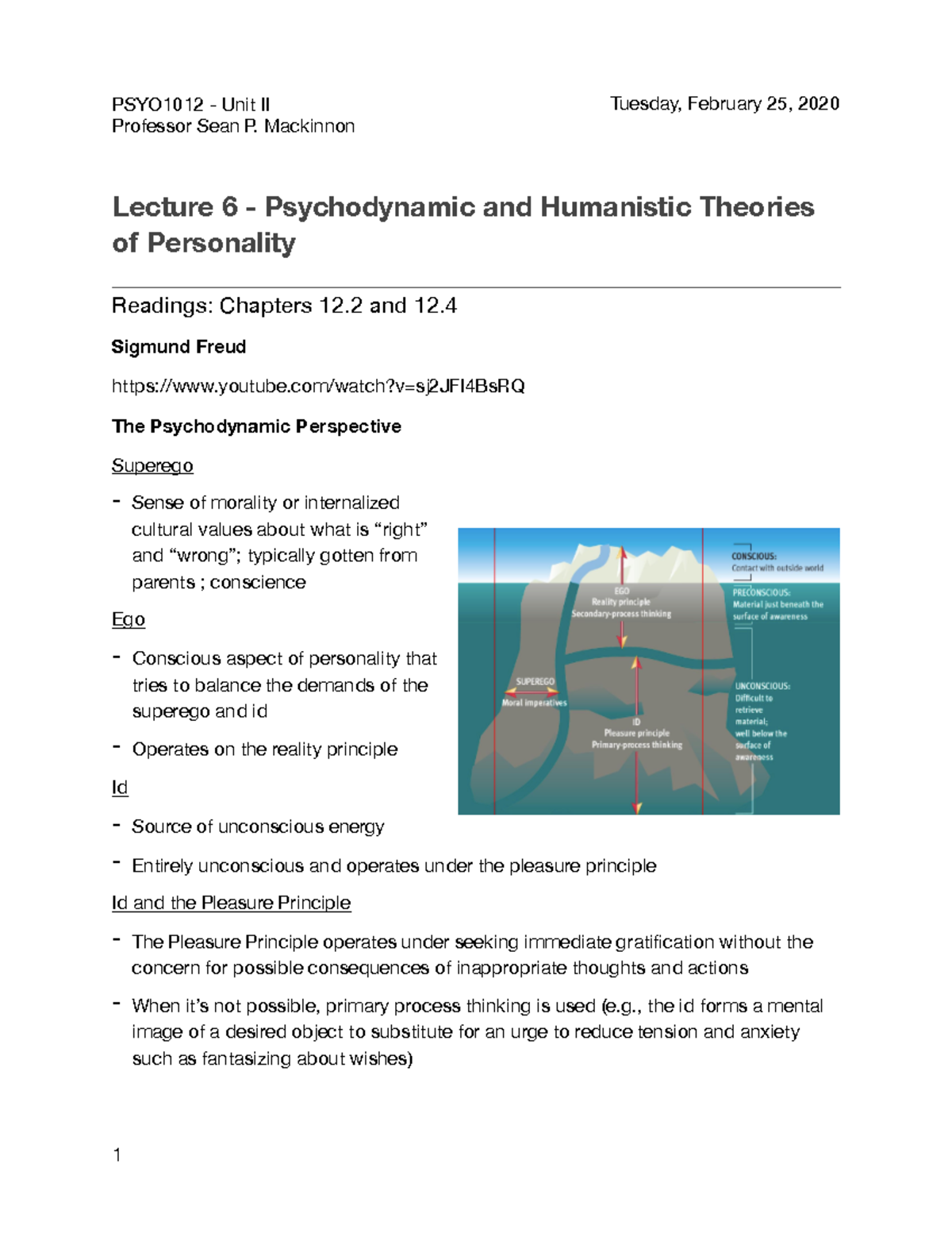 Unit 2 Lecture 6 - Psychodynamic and Humanistic Theories of Personality ...
