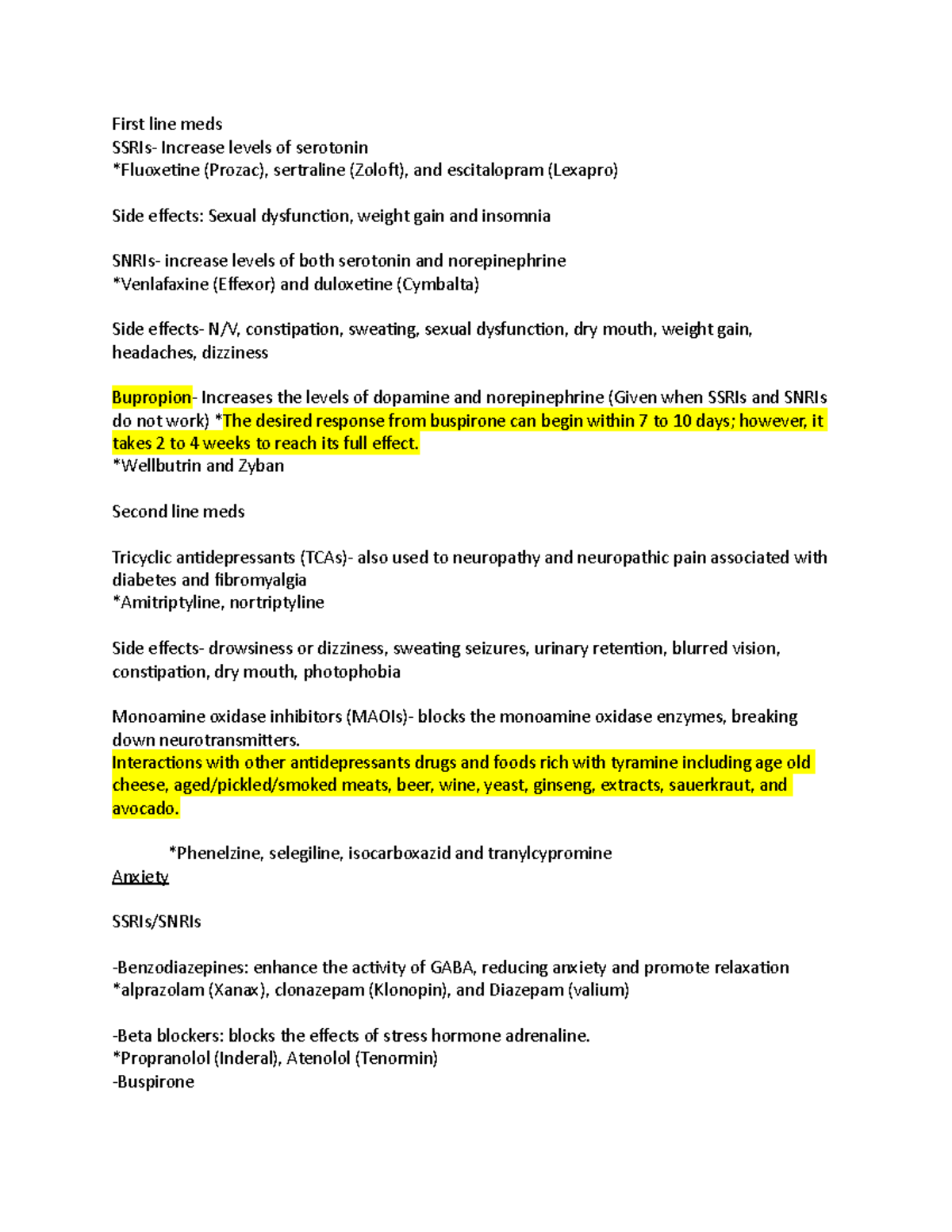 First line meds - First line meds SSRIs- Increase levels of serotonin ...