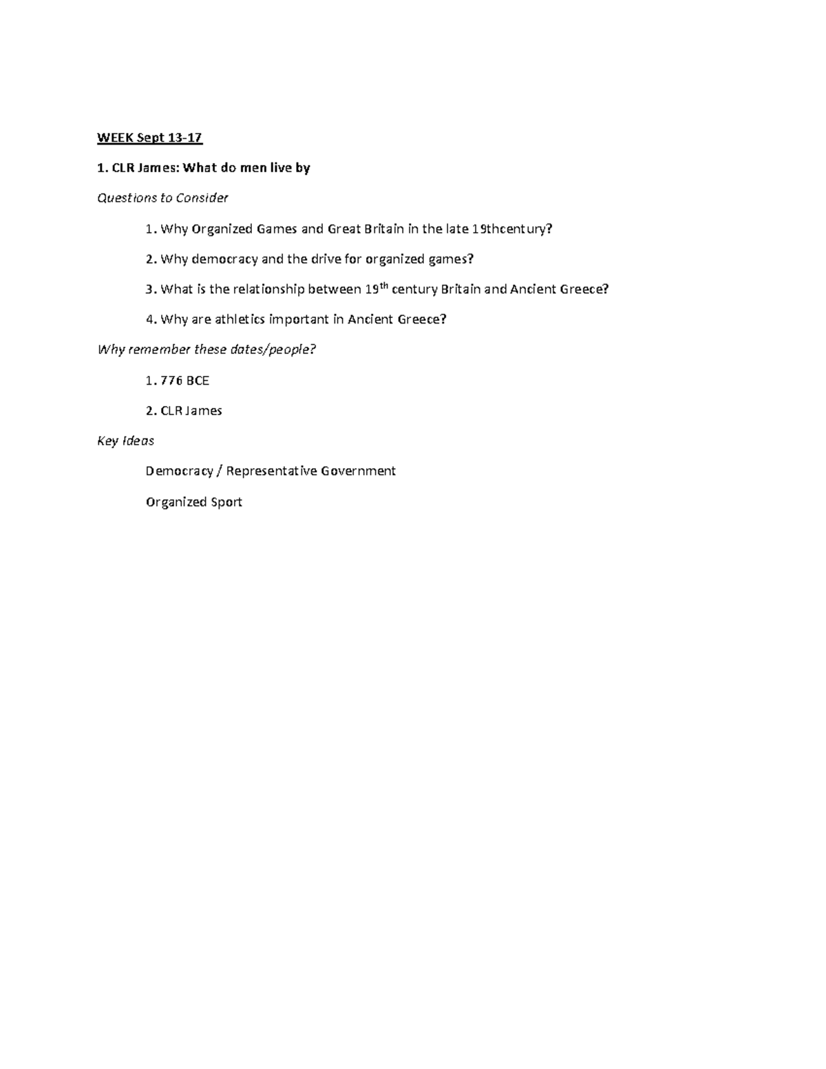 Reading Guide Filled: Week Sept 13-17 - **WEEK Sept 13- CLR James: What ...