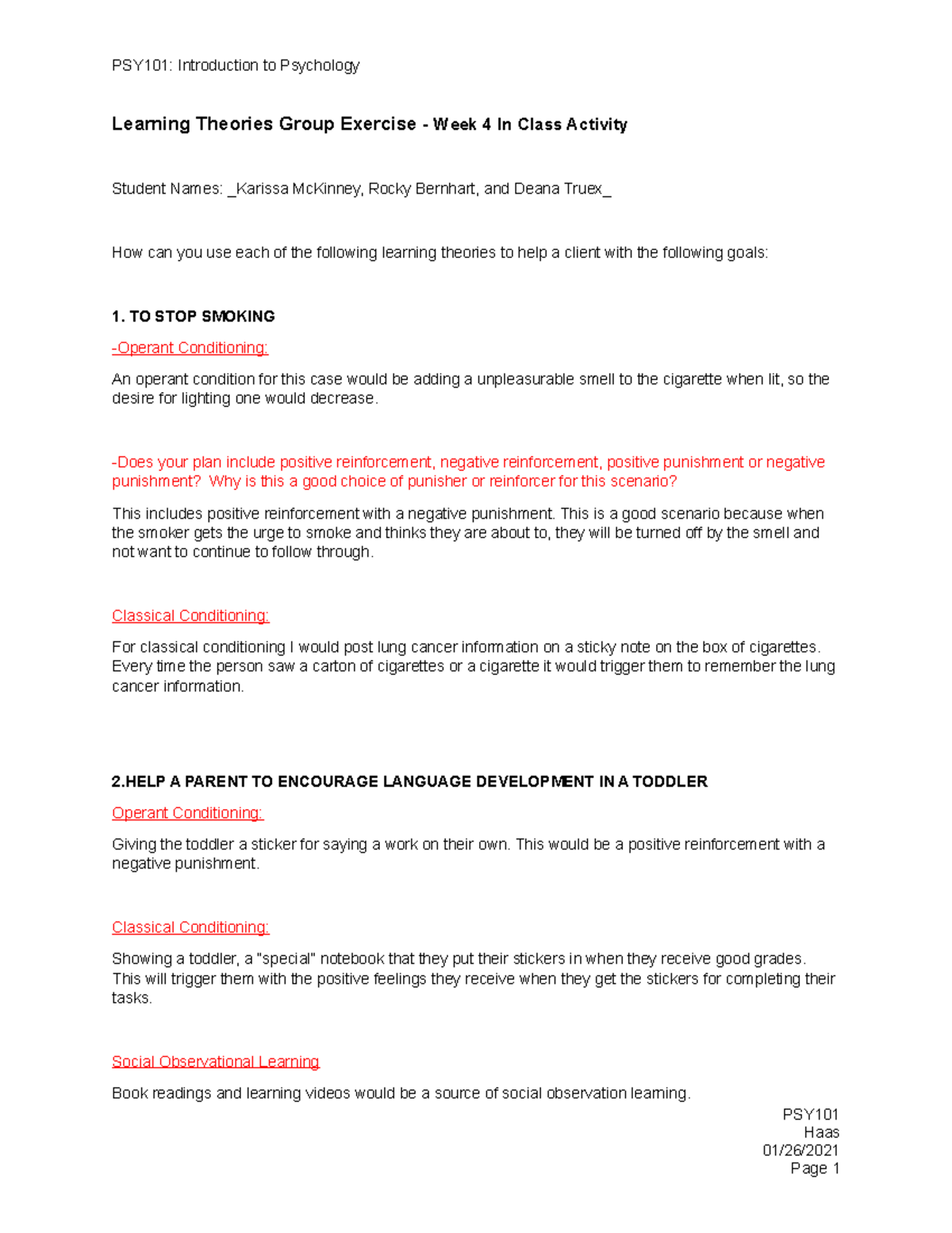 Wk 4 Learning Theories Group Exercise - PSY101: Introduction to ...