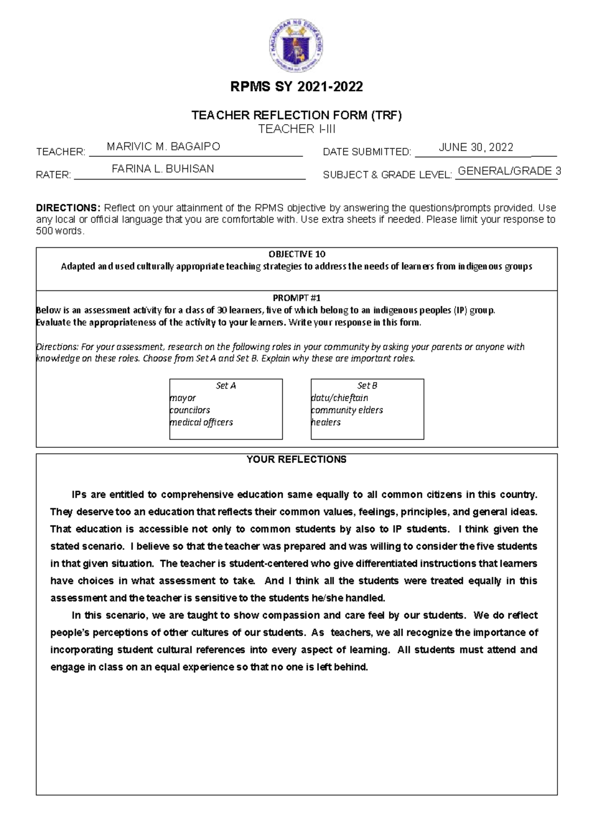 Appendix 4A Teacher Reflection Form objective 10 - PROMPT Below is an ...